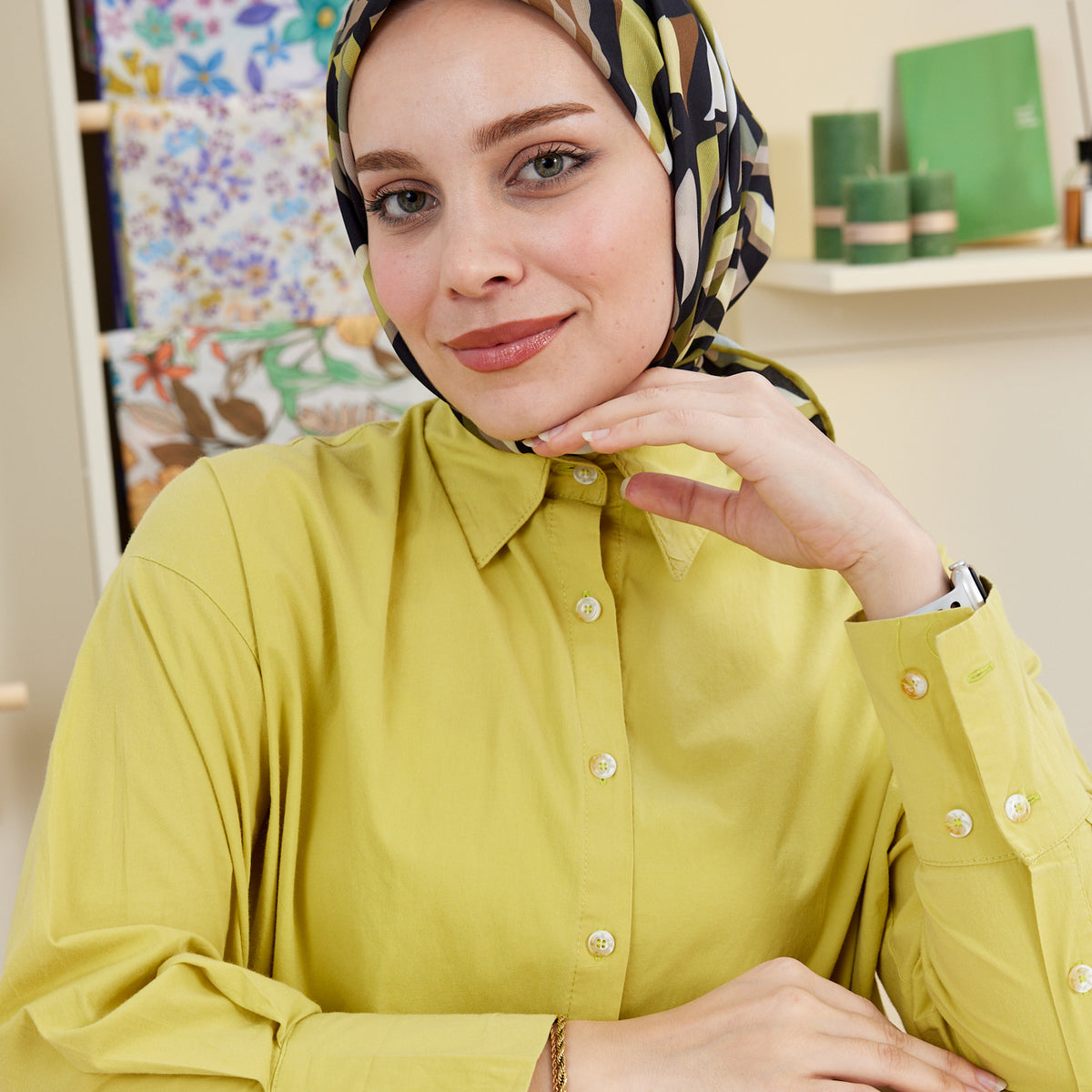 Pro Line Chloe Desen Eşarp - Yağ Yeşil - Kahverengi – Emproyal